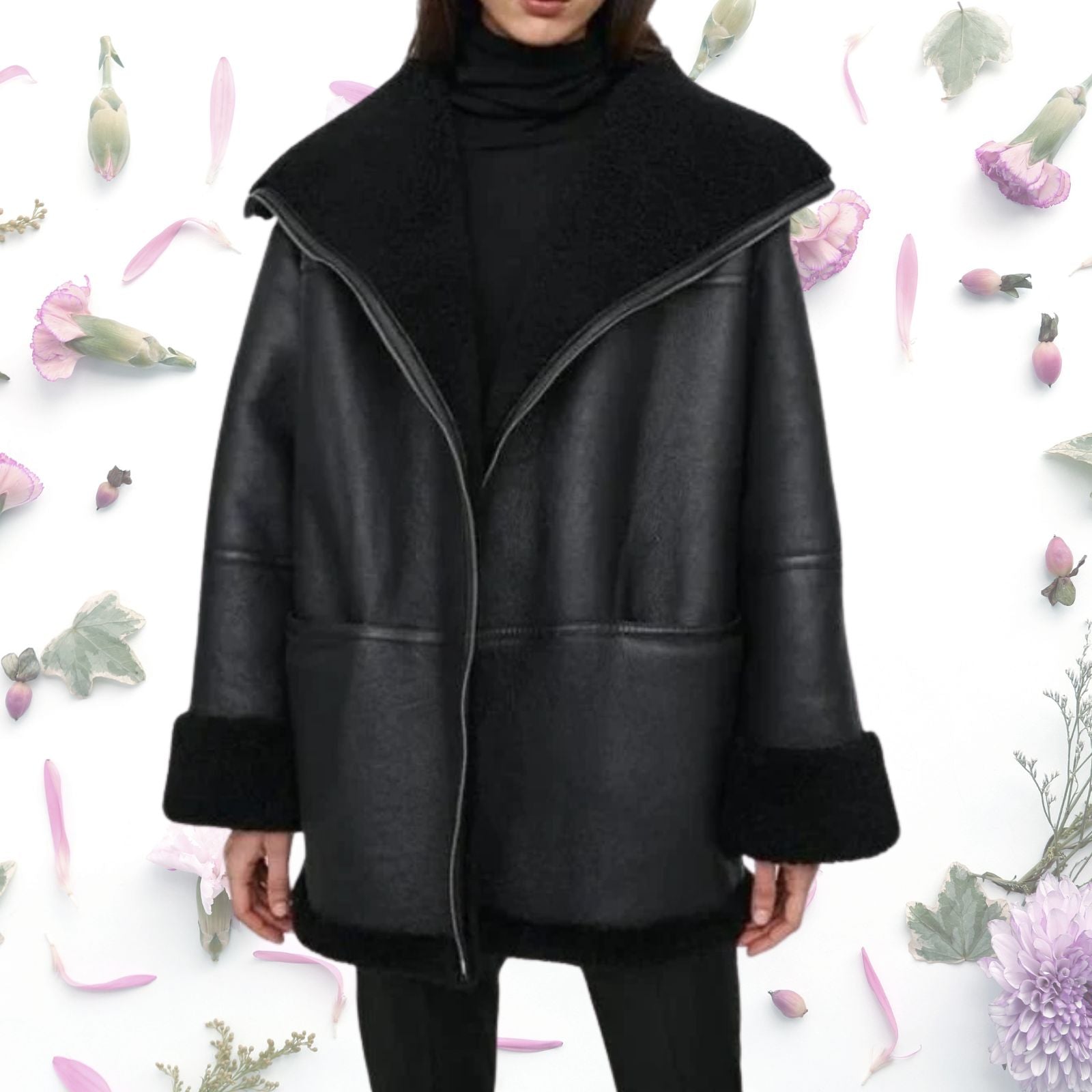 Real Lamb Skin Jacket Women's Black Oversized Shearling Genuine Leathe