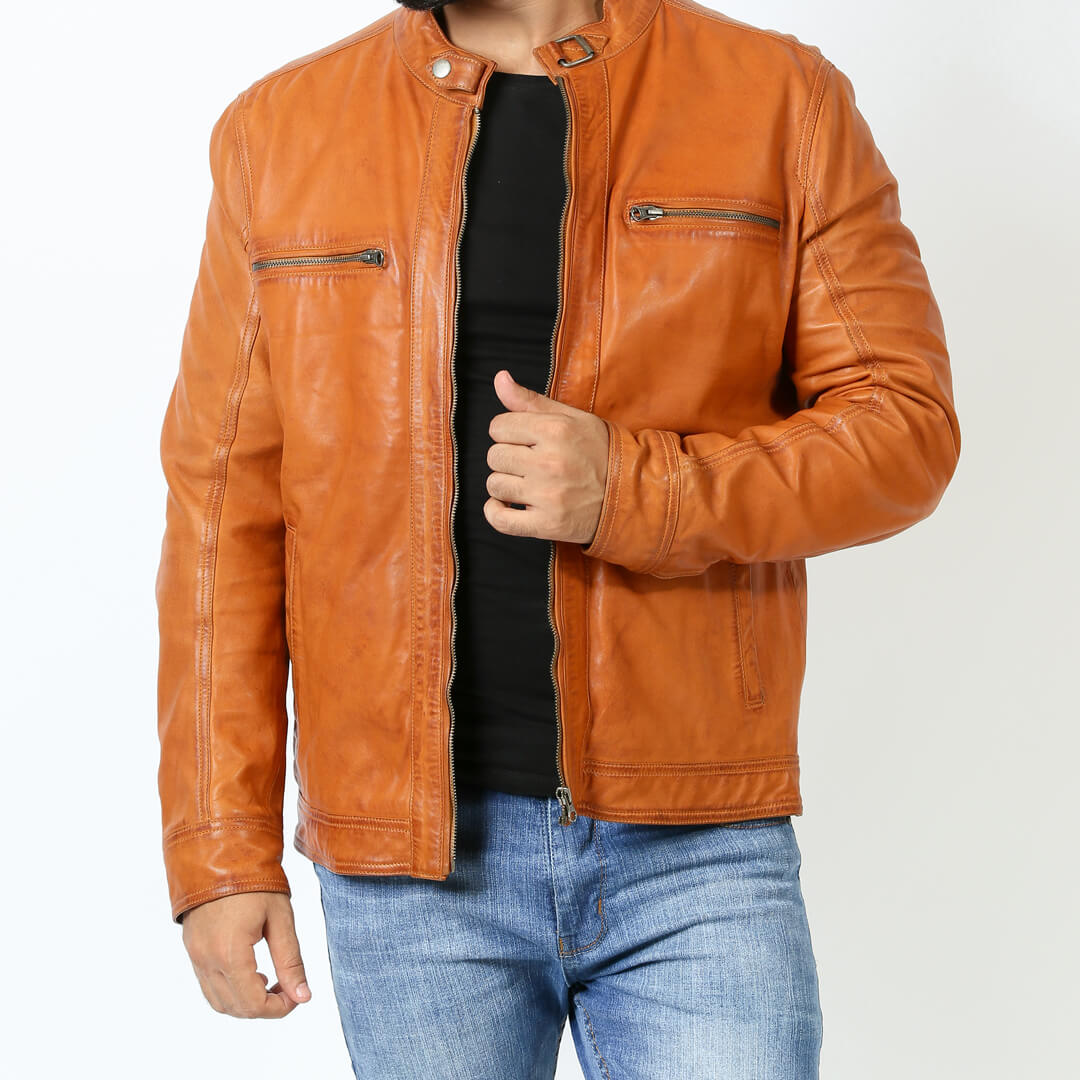 Leather Jacket Men's Casual wear real lamb skin leather Brown Biker Ja ...